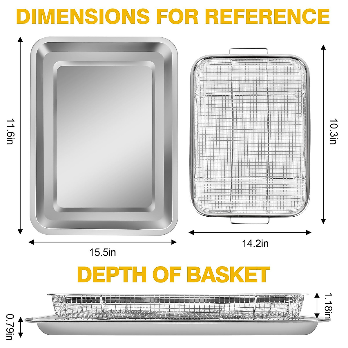 Air Fryer Basket for Oven 15 x 11 Inch Stainless Steel, Air Fryer Accessories Oven Rack and Crisper Tray, Bacon Cooker Broiler Pan for Oven, Bakeware Sets Oven Rack-2 Piece Large