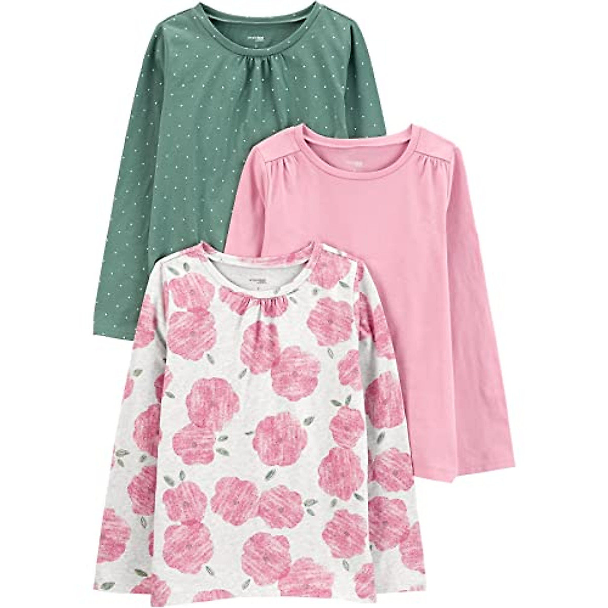 Simple Joys by Carter's Girls' Long-Sleeve Shirts, Pack of 3, Green Dots/Grey Floral/Pink, 8