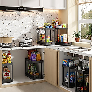 2PC Under Sink Organizer Rack 2 Tier Under Sliding Cabinet Basket Organizer Drawer with 4 Hooks, Multi-purpose Under Sink Storage for Bathroom Kitchen Desktop（Black）