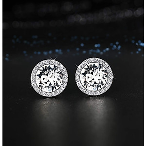 KesaPlan Sterling Silver Crystals Stud Earrings for Women, Made of Austria Crystals, Round-Cut Rhinestone Halo Bridal Earring Hypoallergenic White