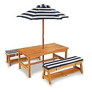 KidKraft Outdoor Wooden Table & Bench Set with Cushions and Umbrella, Kids Backyard Furniture, Navy and White Stripe Fabric & Wooden Adirondack Children's Outdoor Chair, 3-8 21.5 x 19.2 x 24.5