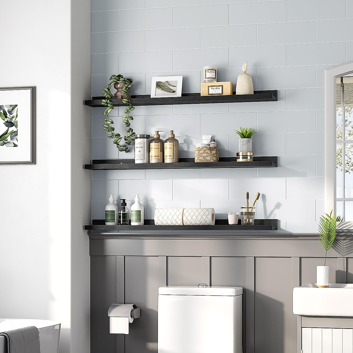 HOOBRO Floating Shelves, Wall Shelf Set of 3, 35.4 Inches Hanging Shelf with Raised Edge and Invisible Brackets, for Bathroom, Bedroom, Kitchen, Office, Living Room Decor, Black BK90BJ01