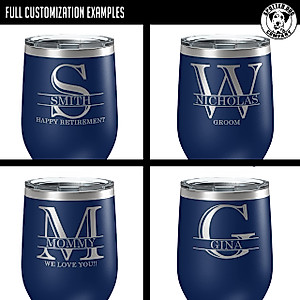 Personalized 12oz (17 Colors) Powder Coated Stainless Steel Stemless Wine Tumbler with Lid, Custom Etched, Customized Wine Gift for Women Her, Wine Lover, Halpert Monogram Initial Name (Navy Blue)