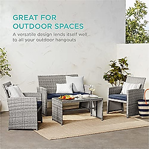 Best Choice Products 4-Piece Outdoor Wicker Patio Conversation Furniture Set for Backyard, Deck, Poolside w/Coffee Table, Seat Cushions - Gray Wicker/Navy Cushions