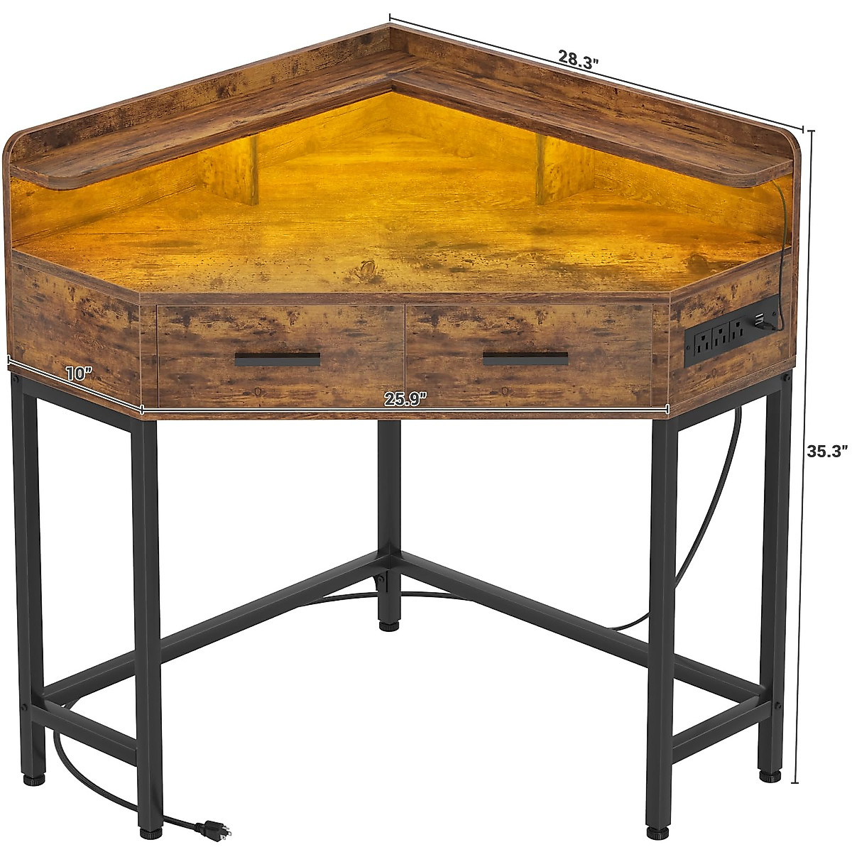 Cyclysio Corner Vanity Desk Without Mirror, Makeup Vanity Table with Lights & Power Outlets, Small Corner Vanity with Drawers for Bedroom,Small Spaces, Brown