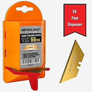 Berkling Utility Knife Blades Titanium Fully Plated 50-Pack With Dispenser, SK2H Laser Sharpened Hardened, Ultra 3X Sharper and 15X More Durable, Standard T-Shape for Most of Cutters & Knives