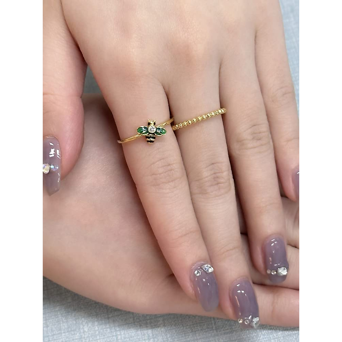 CZ Bee Promise Band Ring for Women 14K Gold Plated Dainty Cute Crystal Blue Green Bumblebee Honeybee Statement Stackable Finger Rings Comfort Fit Fashion Birthday Wedding Holiday Jewelry Gift Size 8