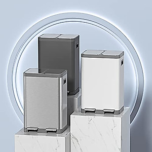 Mbillion Trash Can 5.3+5.3Gal, Kitchen Garbage Can with 2 Compartments,Large Stainless Steel Recycle Trash Can with 2 Removable Plastic Inner Buckets, Quiet Close Step Trash Can(20+20L Silver)