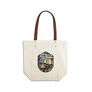Lake Tahoe, Retro Camper and Lake, Contour (Canvas Deluxe Tote Bag, Faux Leather Handles & Zip Pocket)