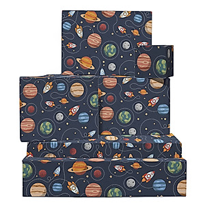 CENTRAL 23 Space Wrapping Paper - 6 Sheets of Gift Wrap & Tags - Planet Galaxy Rocket Ship Star - Kids Wrapping Paper - Black Birthday Wrapping Paper for Boys and Girls - with Stickers - Recyclable