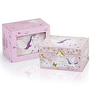 RR ROUND RICH DESIGN Musical Jewelry Glitter Storage Box and Jewelry Set for Little Girls with Spinning Unicorn and Rainbow - Over the Waves Tune Pink