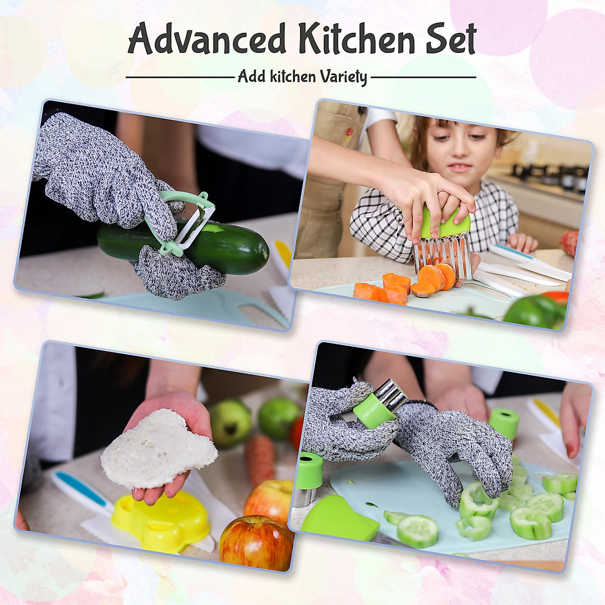 14-Piece Montessori Kitchen Tools Kids Knife Set with Gloves, Cutting Board, Fruit & Vegetable Crinkle Cutters, Safe Serrated Edges, and Plastic Toddler Knives for Real Cooking Experience - Monkey