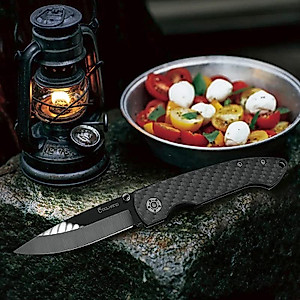 Cool Hand 4.5" Carbon Fiber Folding Knife w/ 3.25" Polished Black Zirconia Ceramic Blade, Liner Lock Mechanism, w/Pocket Clip, Gift Box Packing