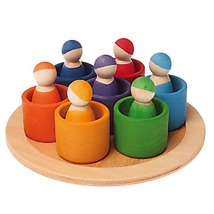 Grimm's Seven Friends in 7 Bowls: Set of Wooden Sorting & Matching Rainbow Peg Dolls with Little Cups and Tray