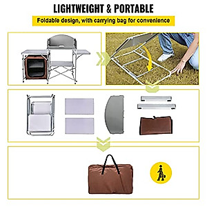 VEVOR Camping Kitchen Table, Aluminum Portable Folding Camp Cook Station with Windscreen, Cupboard, Storage Organizer, Carrying Bag, Quick Installation for Outdoor Picnic Beach BBQ RV Traveling, Brown