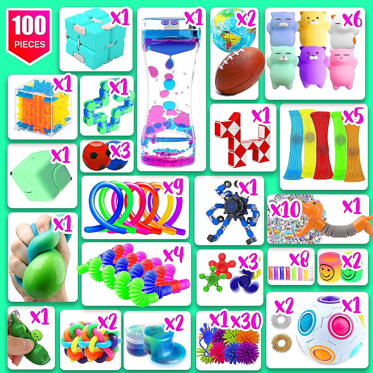 nobasco 100 Pack Sensory Fidget Toys Set, Party Favor Toy Assortment, Birthday Gifts Toys, School Classroom Rewards, Carnival Prizes, Pinata Fillers Goodie Bags Fillers for ADHD Autism Stress Anxiety