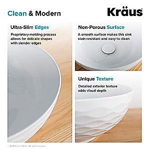 KRAUS Viva™ Round White Porcelain Ceramic Vessel Bathroom Sink with Pop-Up Drain, 16 1/2 in. D x 5 1/2 in. H, KCV-200GWH