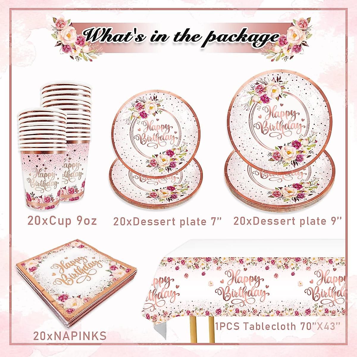 Haimimall 110 Pcs Boho Birthday Party Decorations Backdrop Pink Rose Gold Floral Balloons Happy Birthday Banner Tableware Set Include Plates Cups Cake Topper and Tablecloth for Baby Shower Girl Women