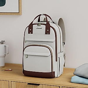 LOVEVOOK Laptop Backpack for Women, Anti-theft Work Travel Business Bag, 17 Inch Large Capacity Computer Backpacks Purse for Men, Casual Nurse Daypack with Lock, Beige-Brown