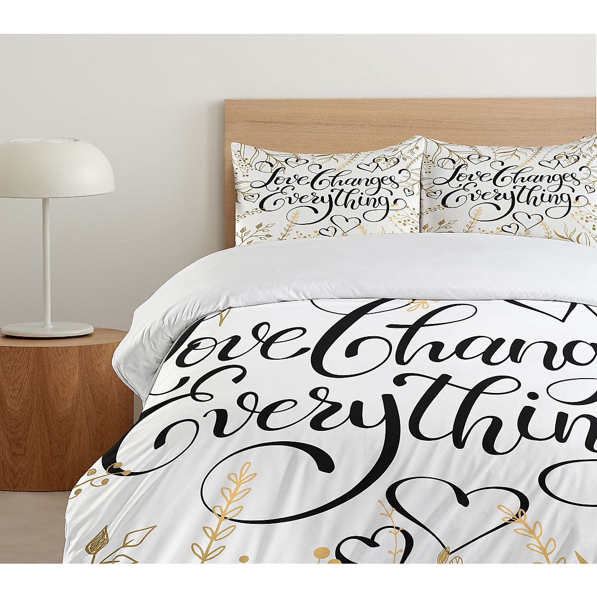 Ambesonne Romantic Duvet Cover Set, Foliage Pattern Frame Style Heart Shapes and an Inspirational Words, Decorative 3 Piece Bedding Set with 2 Pillow Shams, King Size, Sepia Peach Black