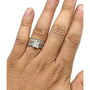 wedding ring set Two Rings His Hers Couples Rings Women's 10k Yellow Gold Filled White CZ Wedding Engagement Ring Bridal Sets & Men's Stainless Steel Wedding Band