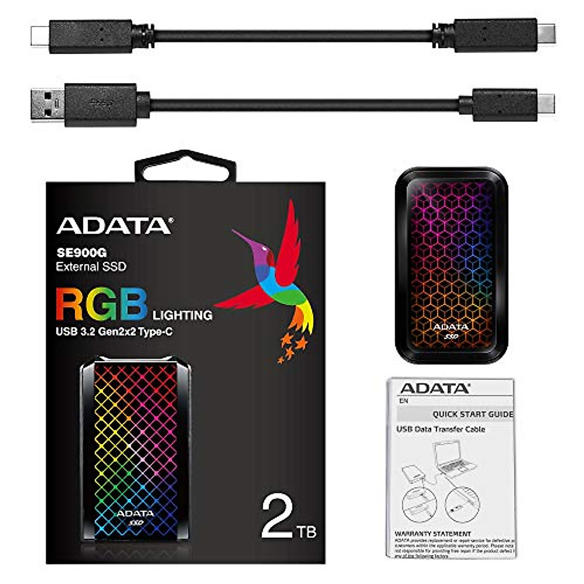ADATA RGB SE900 2TB USB3.2 Gen2x2 Type-C Super Fast Transfer up to 2000MB/s Gaming and Personal External SSD (ASE900G-2TU32G2-CBK)