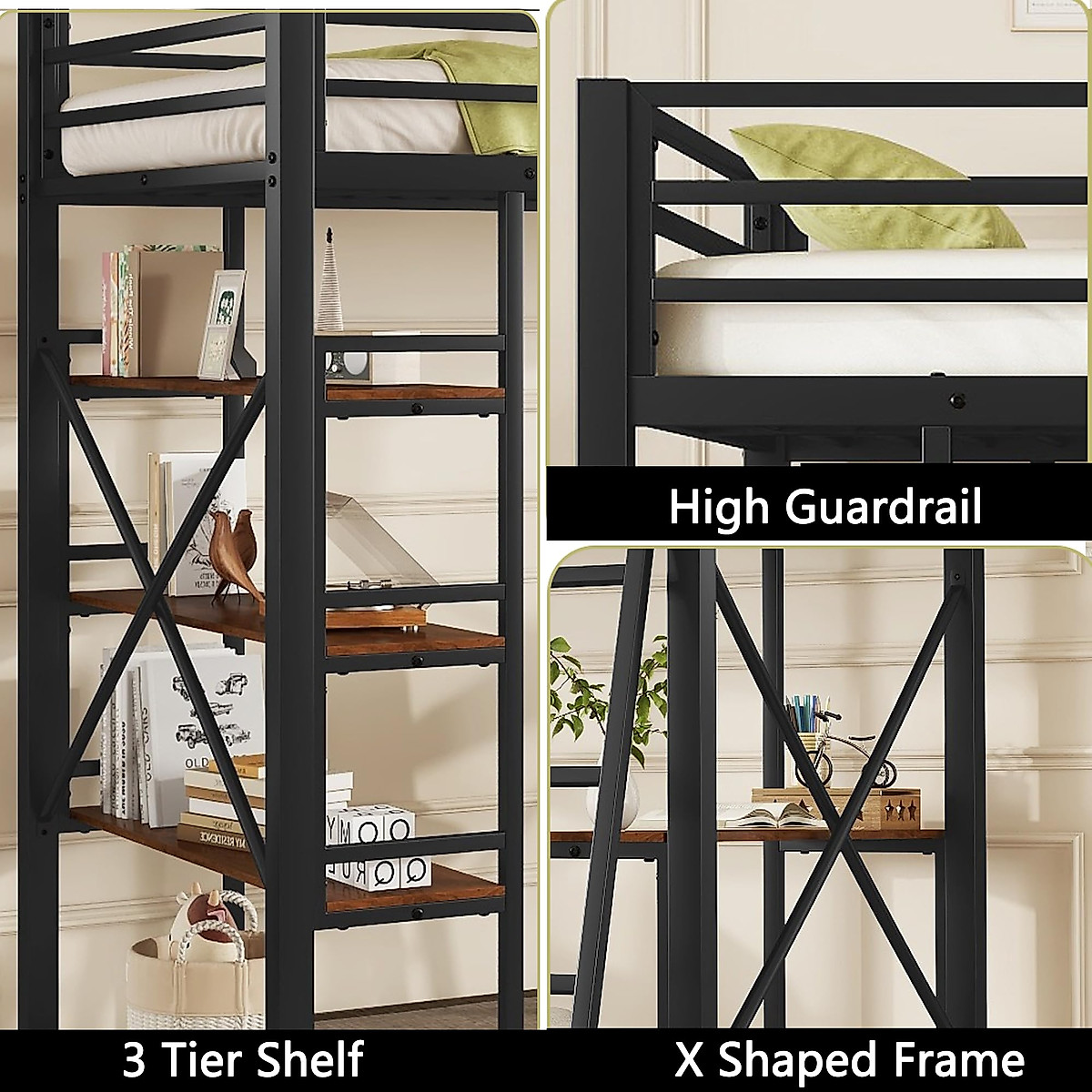 Metal Loft Bed Twin Size, Twin Loft Bed with Desk and Storage Shelves, Twin Size Loft Bed with Guardrail and Ladder, Heavy Duty Loft Bed for Kids, Teens (Twin Black)