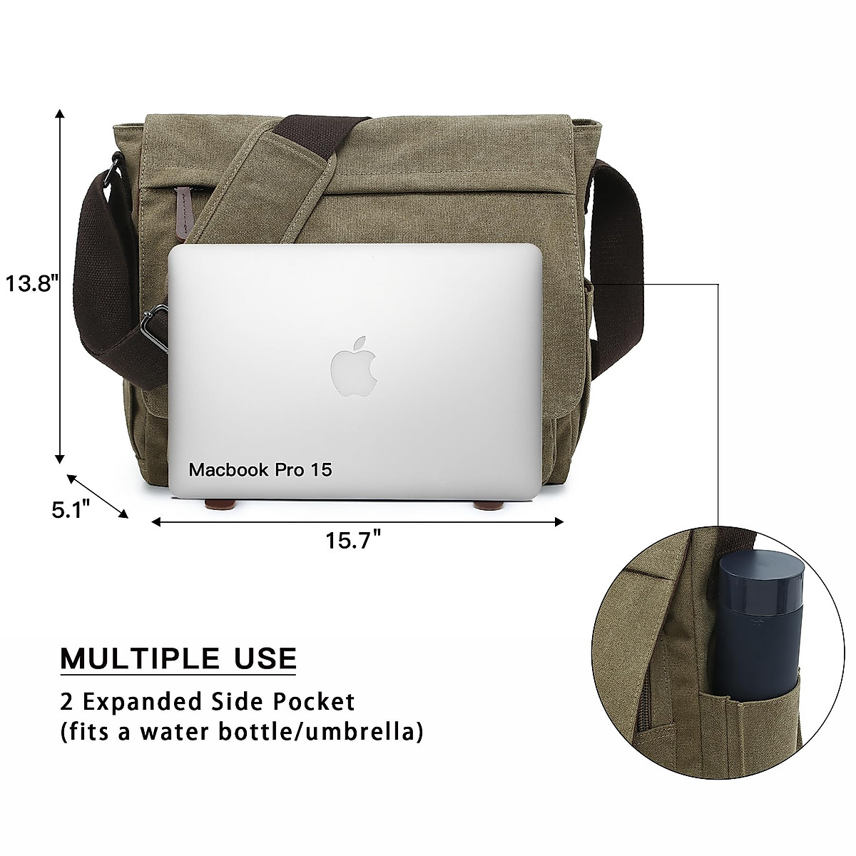 Dasein Large Vintage Canvas Messenger Shoulder Bag, Army Green, 15in Laptop Capacity