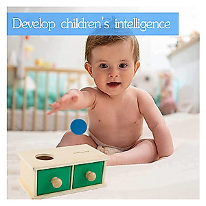 2 in 1 Mon-tessori Wooden Coins Balls Matching Box with 2 Drawers- Wood Coin Box with 5 Coins Object Permanence Box with 1 Wood Ball Preschool Learning Toys for Baby Toddler Infant Educational Gifts