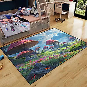 CDIWIDH Mushroom Rug for Girls Room - Pink Mushroom Area Rug 5'X7' Kids Rugs for Bedroom Girls Boys Cute Mushroom Prints Rugs Decor for Girls Bedroom Living Room Kids Play Rug 5x7 Feet