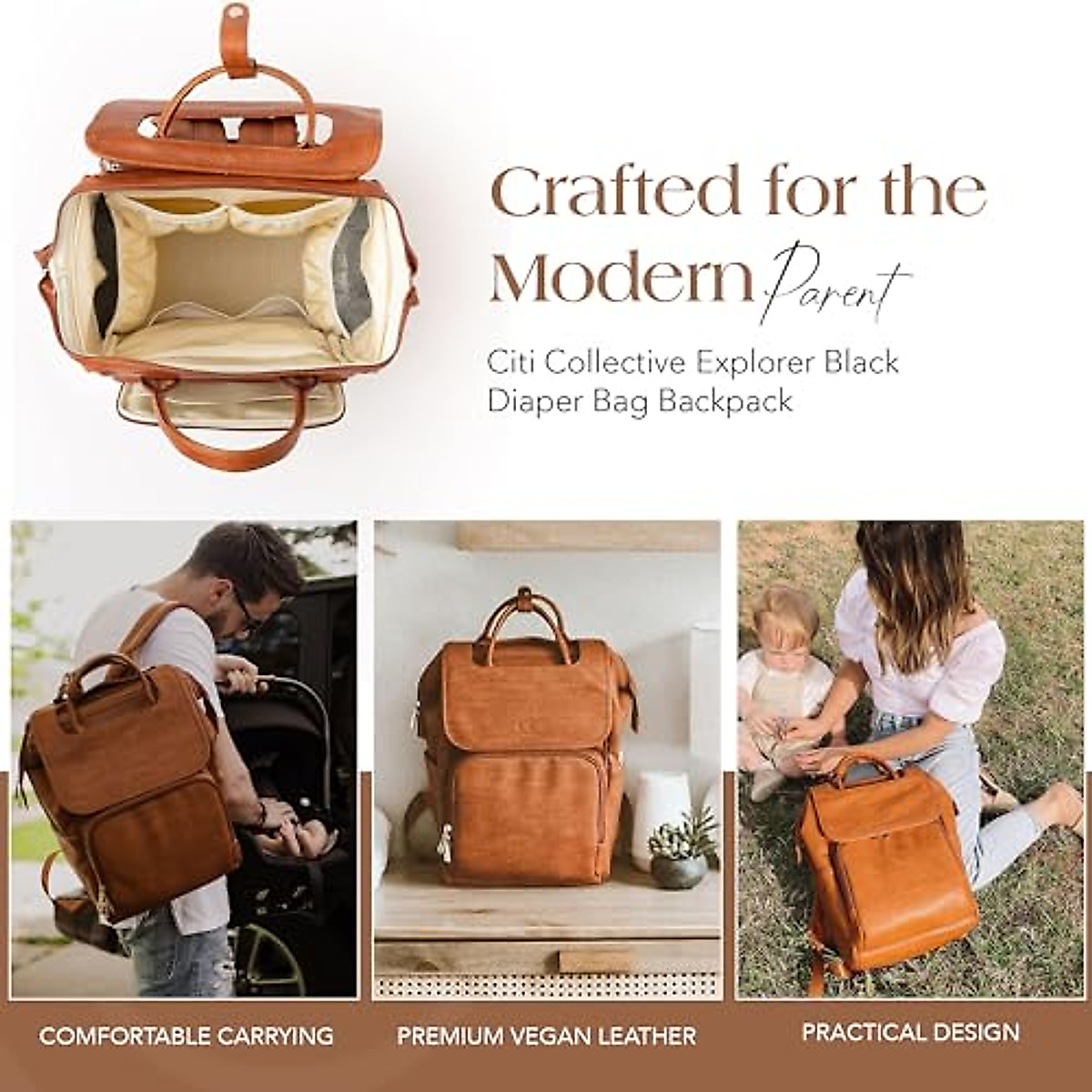 Citi Collective Explorer Brown Diaper Bag Backpack - Vegan Leather Diaper Bag with Shoulder Strap, Insulated Bottle Pockets, Changing Pad, Stroller Clip- Versatile Diaper Bag for Baby