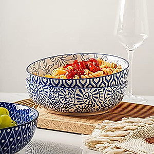 Selamica Ceramic 30 Ounce Large Pasta Bowls 8 inch Serving Bowls Wide and Shallow Microwave Dishwasher Safe Bowls Set of 4, Vintage Blue