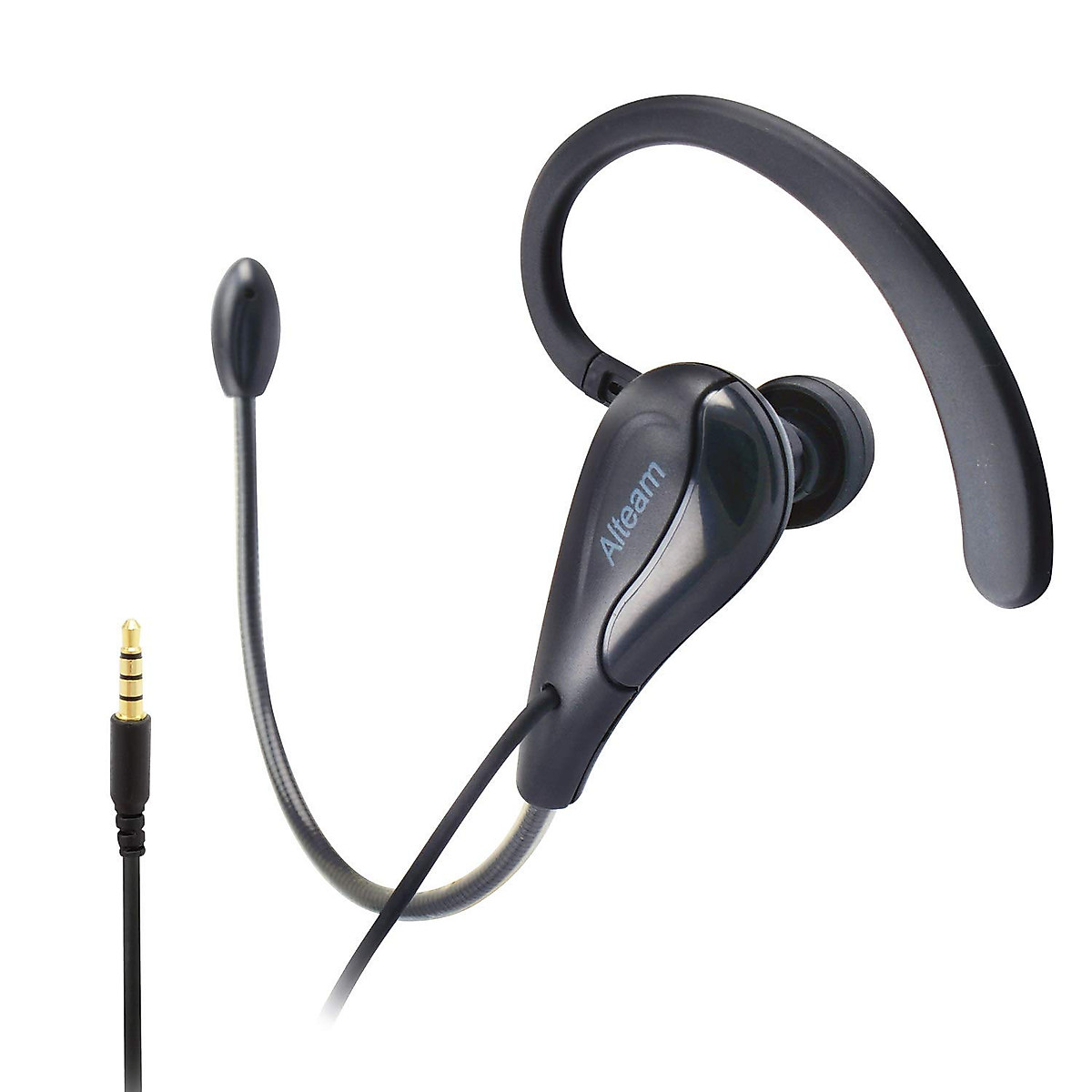 ALTEAM Wired Mono Single Headset One Hook Design Earphone Earbud with Bendable Boom Arm Mic, Adjustable Ear Angle and Earhook Length, 15mm Driver, 3.5mm TRRS Plug for Smart Mobile Cellphone Tablet PC