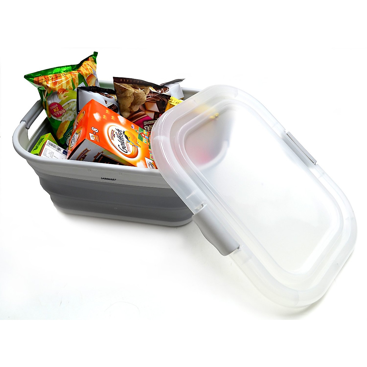 SAMMART 19.5L Collapsible Storage Basket with Lid - Foldable Pop Up Storage Container/Organizer - Portable Washing Tub - Space Saving Hamper/Basket with Lid (Grey)