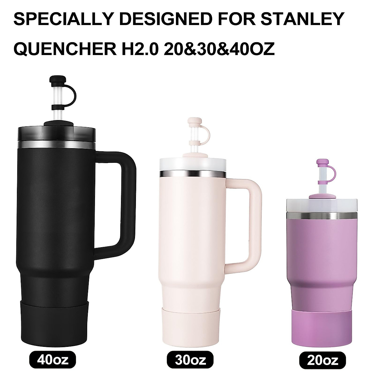 HYZ 8 Piece Accessories for Stanley Cup, Silicone Spill Proof Stopper Set and Protective Boot Including Straw Cover Cap for Stanley H2.0 20oz 30oz 40oz Tumbler, Black