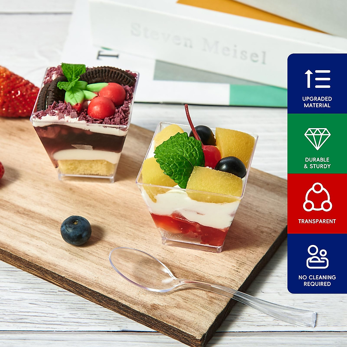 JOLLY CHEF 100 x 2 oz Mini Dessert Cups with Spoons and Lids, Square Tall Clear Plastic Parfait Appetizer Cup Small Serving Bowl for Party Desserts Appetizers