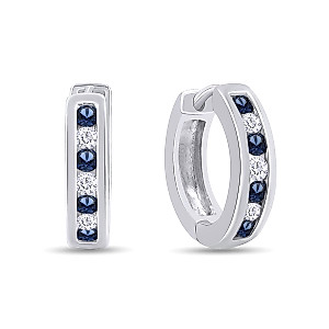 Round Cut Simulated Blue Sapphire With Cubic Zirconia Huggies Hoop Earrings In 14K White Gold Over Sterling Silver