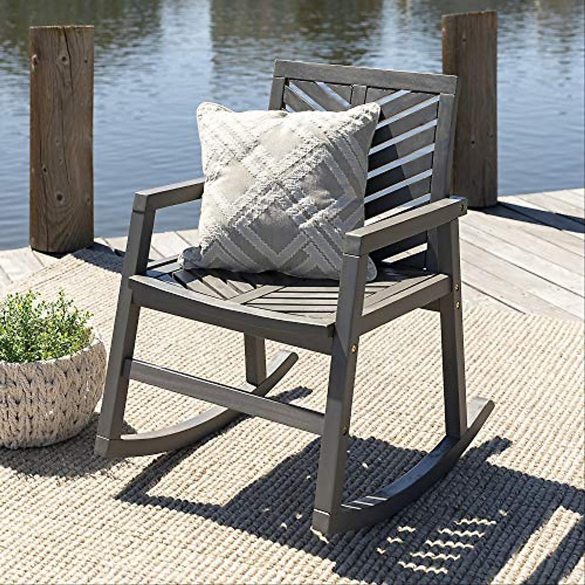 Walker Edison Outdoor Patio Wood Chevron Rocking Chair All Weather Backyard Conversation Garden Poolside Balcony, Set of 1, Grey
