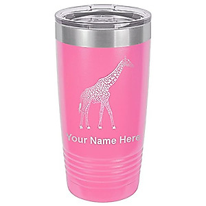 LaserGram 20oz Vacuum Insulated Tumbler Mug, Giraffe, Personalized Engraving Included (Pink)