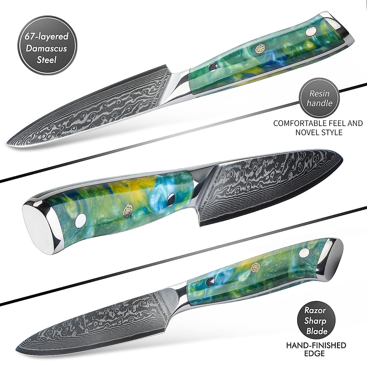 SANMUZUO 5 Inch Kitchen Utility Knife - Xuan Series Kitchen Knives - VG10 Damascus Steel with Resin Handle (Jade Green)