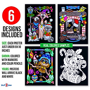 Christmas Animals Fuzzy Coloring Poster 6 Pack (Great for Holiday Activities & Family Get Togethers) - Arts and Crafts Project for Girls, Boys, Toddlers, Parents, and Teens [Santa, Sleigh, and More]