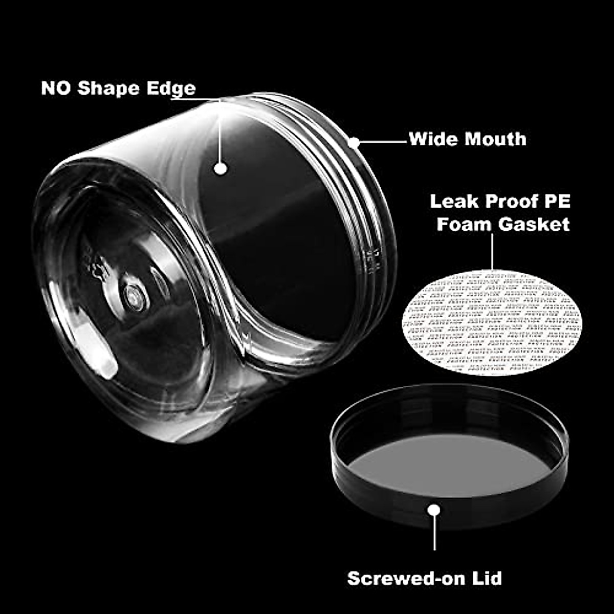 18 Pack 10.8 Oz Plastic Jars with Lids, Clear Round PET Wide-Mouth Container for Slime, Cosmetics, Bathroom, Kitchen, Tool Accessories, Gift, and Traveling Storage, BPA Free, Black Lids