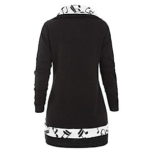 Fashion Women Solid Music Note Print Patchwork Long Sleeve T-Shirt Blouse Turtleneck Button Asymmetrical Hem Tops (Black) (L, Black)