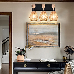 ILLMTW 3-Light Bathroom Vanity Lights Over Mirror,Farmhouse Wood Vanity Light Fixtures for Bathroom,Boho Rustic Adjustable Color with Woven Rattan Wicker Wall Sconces for Hallway Bedroom Living Room