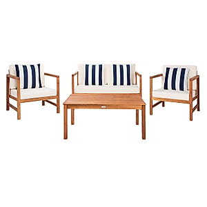 SAFAVIEH Outdoor Collection Montez Natural/ White Cushions/ Striped Pillows 4-Piece Conversation Patio Set