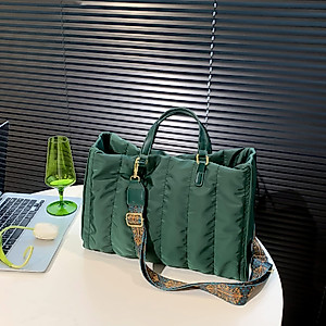 GLOD JORLEE Medium Puffer Tote Bags for Women,Trendy Luxury Quilted Cotton Padded Hobo Handbags,Winter Soft Puffy Bag (Blackish green)