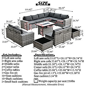 HOOOWOOO Outdoor Patio Furniture Set 13 Pieces Wicker Outdoor Sectional Furniture Set Sectional Patio Conversation Set Modular Outdoor Sofa Set with Gas Fire Pit Table,Coffee Side Table,Black