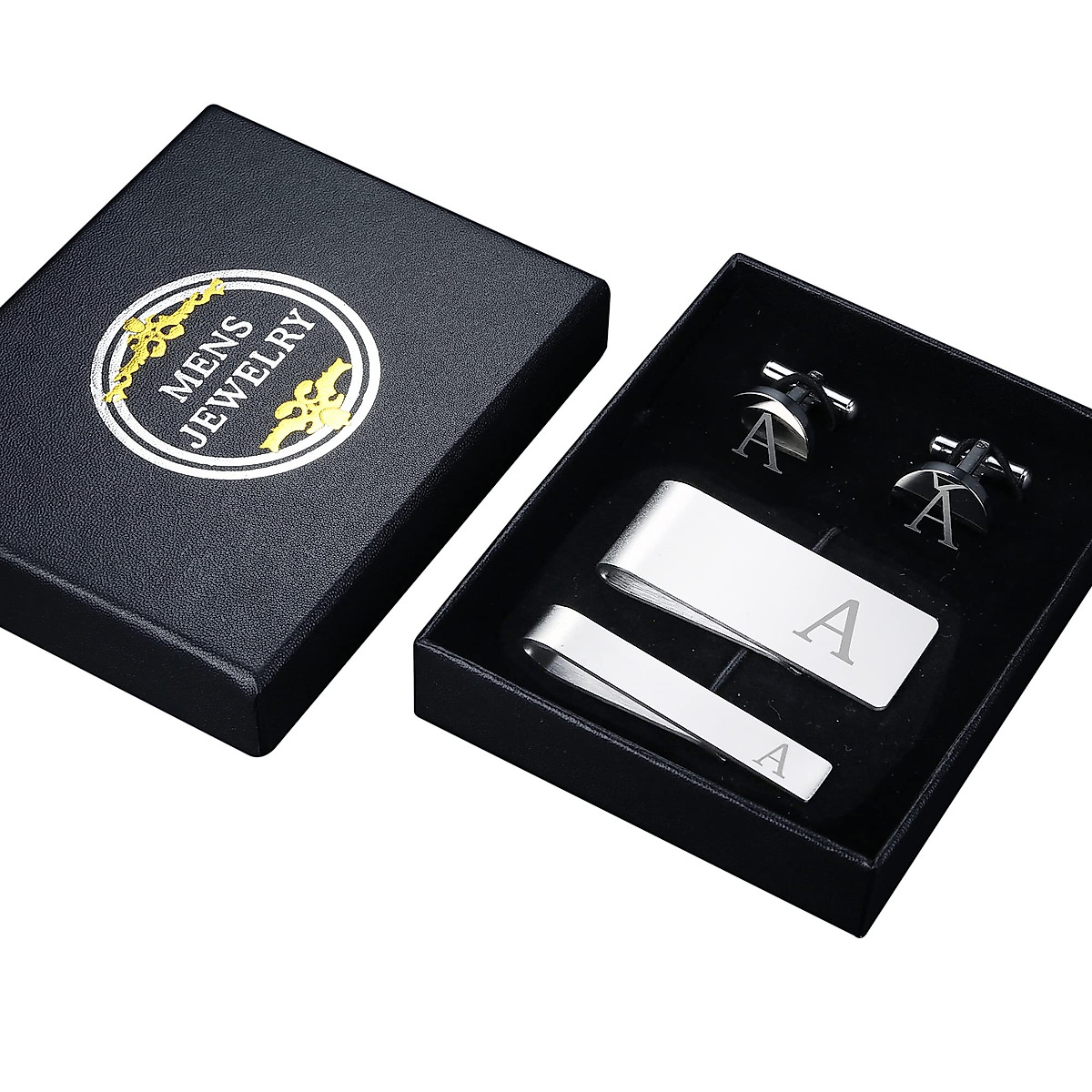 LOYALLOOK 4Pcs Stainless Steel Engraved Initial Cufflinks and Tie Bar Money Clip Set Personalized Button Shirt Initials Tie Clip Alphabet Letter A-Z for Best Man Groom Wedding Business Letter J