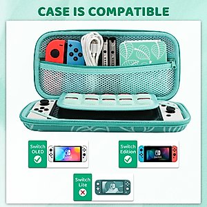 FUNDIARY Green Travel Carrying Case for Nintendo Switch and Switch OLED with Animal Crossing Leaf Design, Shockproof Accessories with Portable Storage Bag, Game Card Case, Handle Strap & 2 Thumb Caps