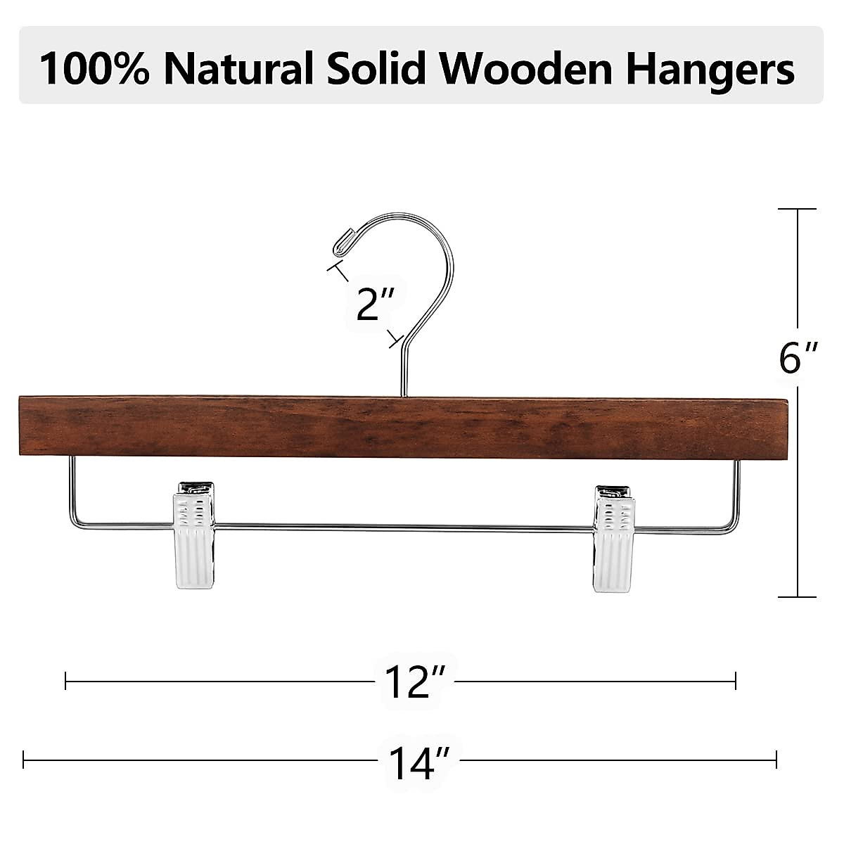 AMKUFO 20pcs Wooden Pants Hangers Solid Pants Hangers with Adjustable Clips 14 Inch Walnut Wood Skirt Hangers Trousers Bottom Hangers with Non-Slip Clips and 360° Swivel Hook